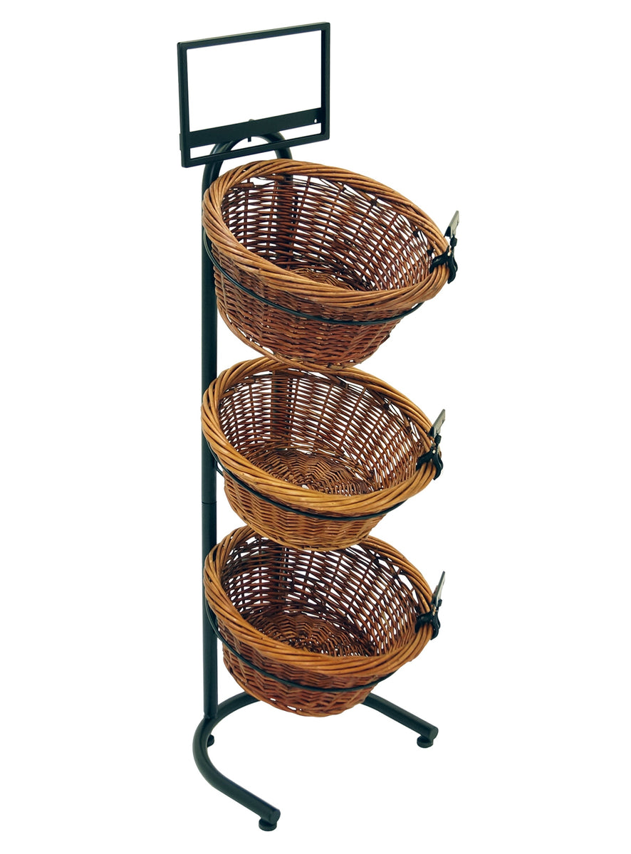 3-Tier Floor Display with 3 Round Willow Baskets – Mobile Merchandisers