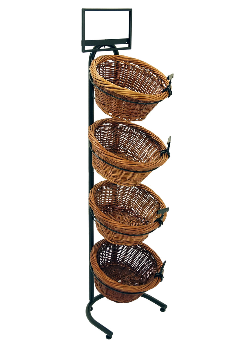 4-Tier Floor Display with 4 Round Willow Baskets – Mobile Merchandisers
